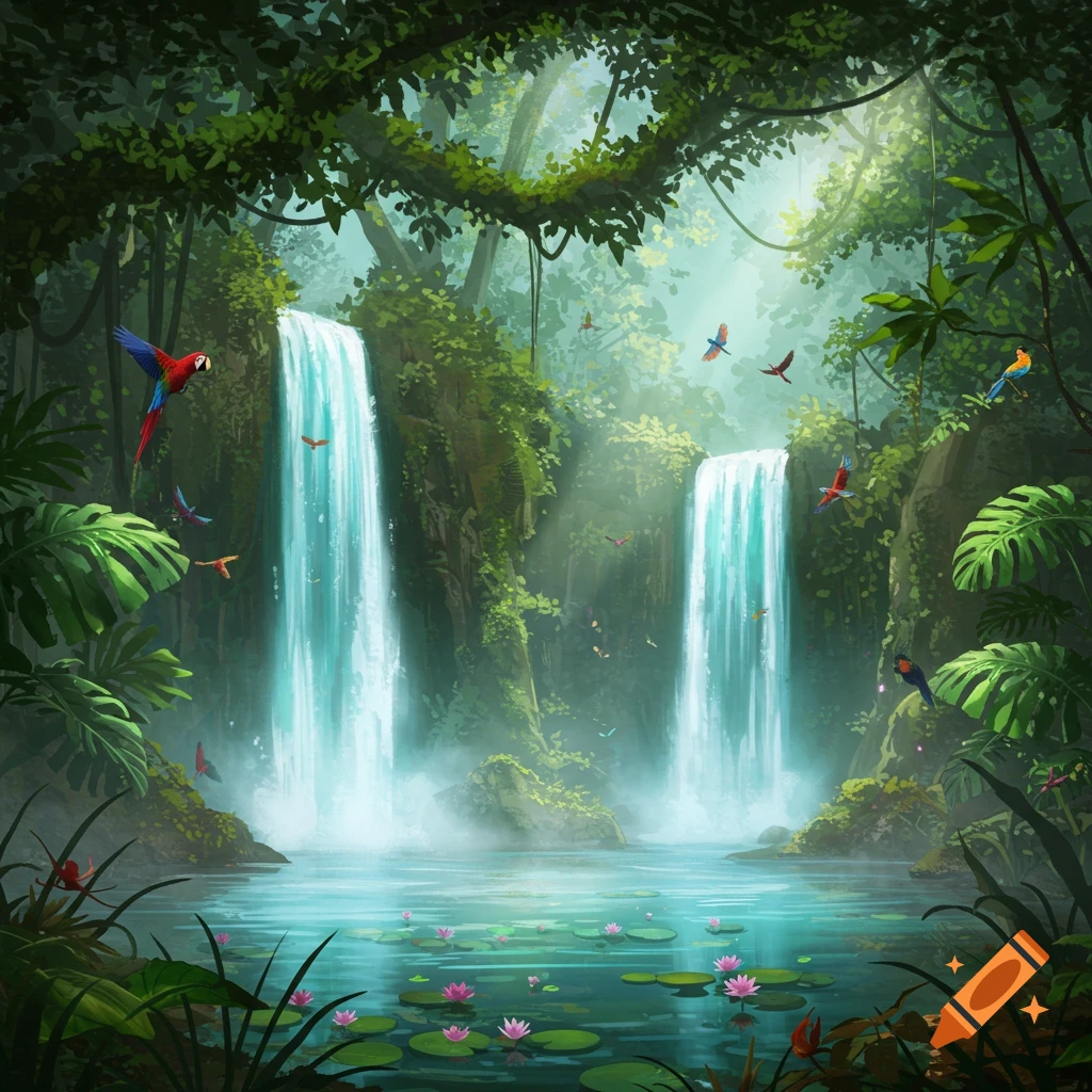 Vibrant illustration of a lush jungle with two waterfalls, a pond with ...