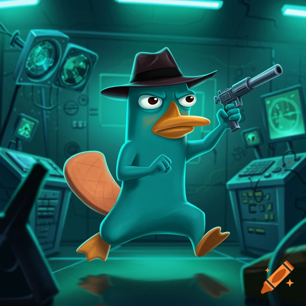 Agent P, Perry the Platypus, stands in a dark, high-tech secret lair, wearing a suit and fedora ...