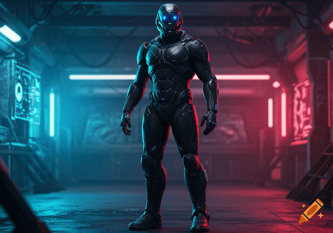 Photorealistic image of a futuristic super soldier in black power armor ...