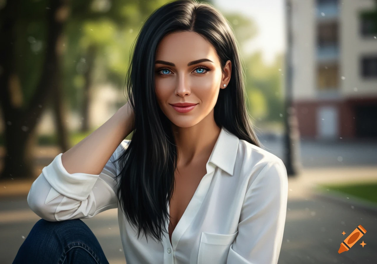 Photorealistic portrait of a young woman with long blonde hair, wearing ...