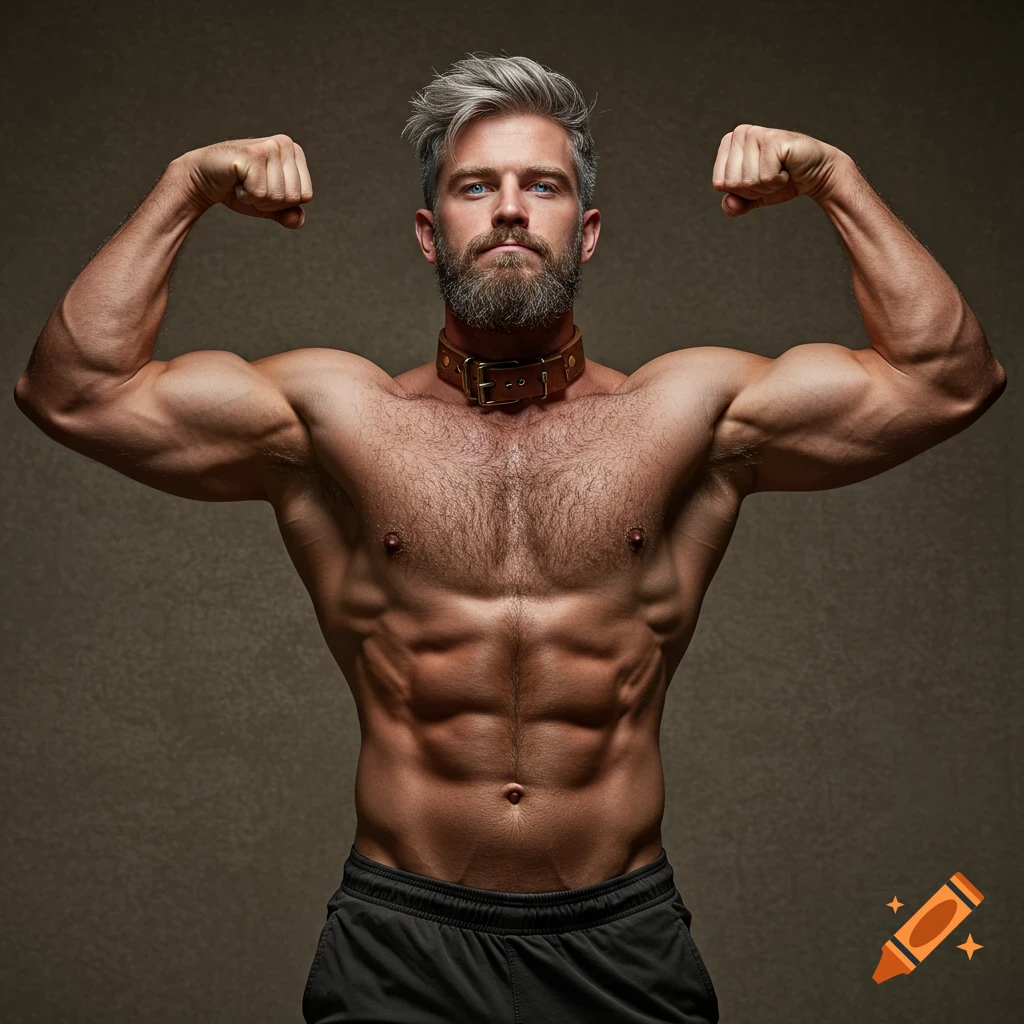 Photorealistic portrait of a shirtless, muscular man with a beard, gray ...