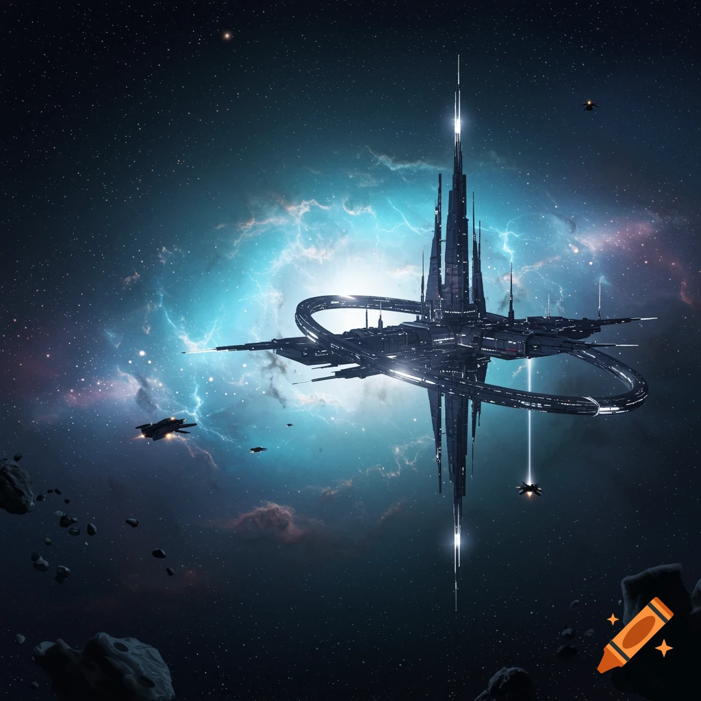 A large, intricate space station floats in a vibrant blue and purple ...