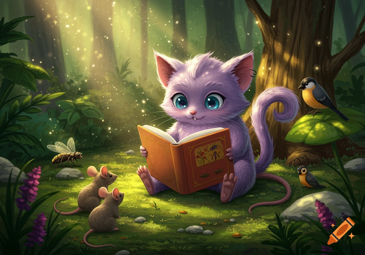 Cute illustrated calico cat reading a magical book in a garden. on Craiyon