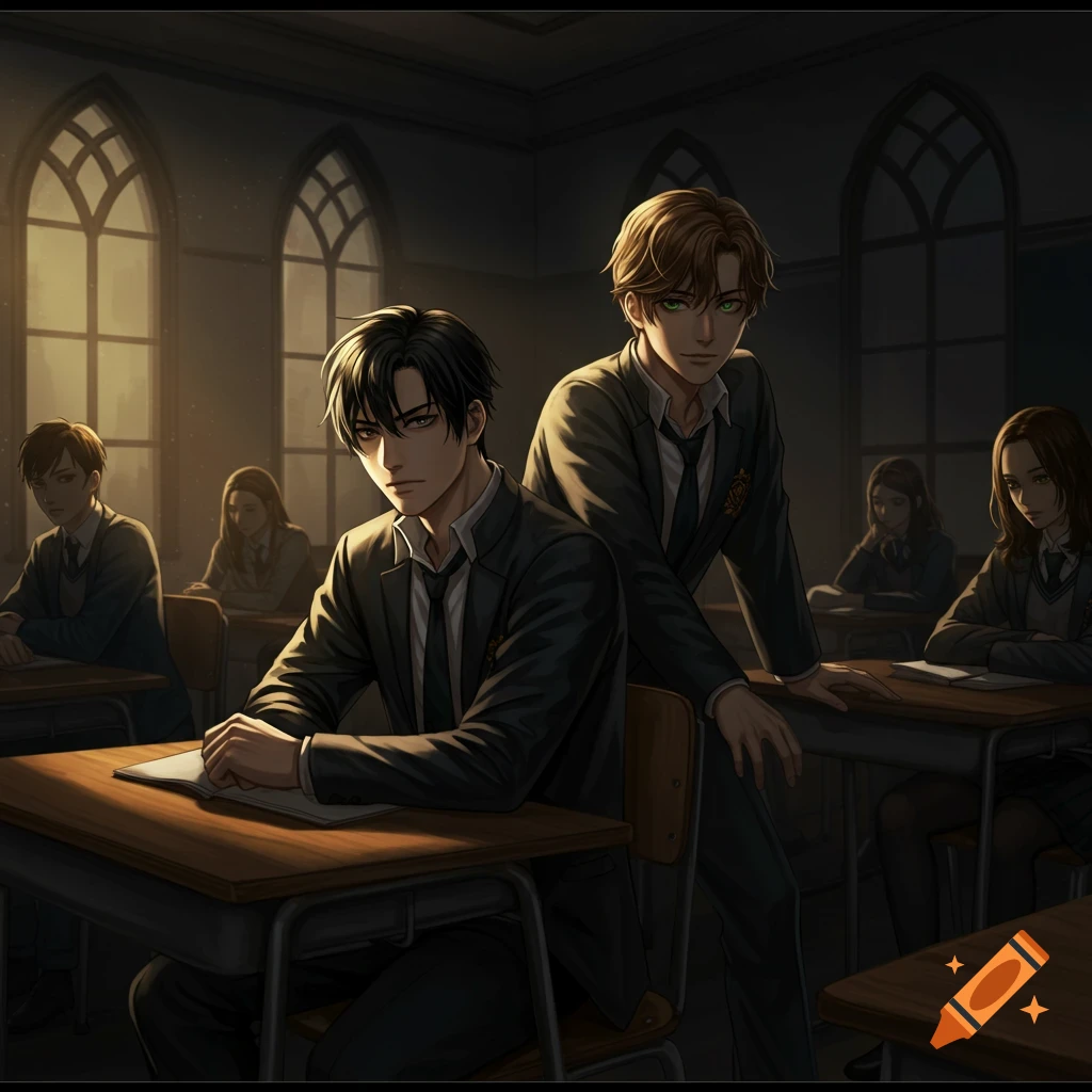 Two male students in a dark, gothic-style classroom. One sits at a desk ...