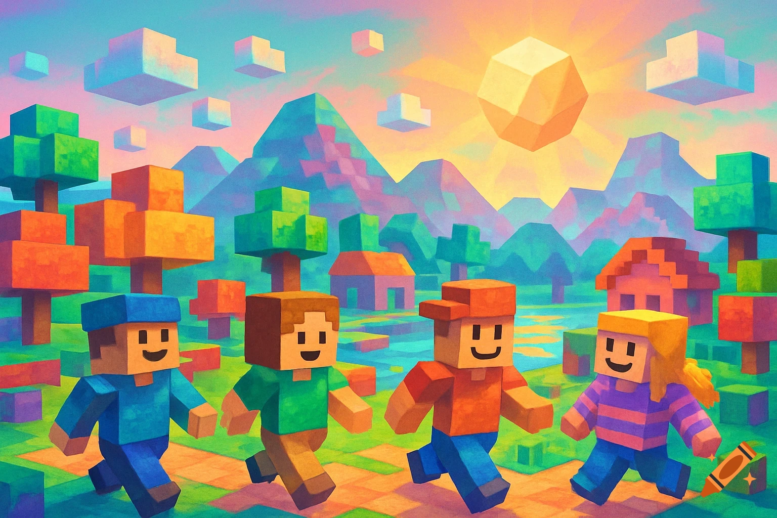 Four block-like characters gather around a campfire in a vibrant ...