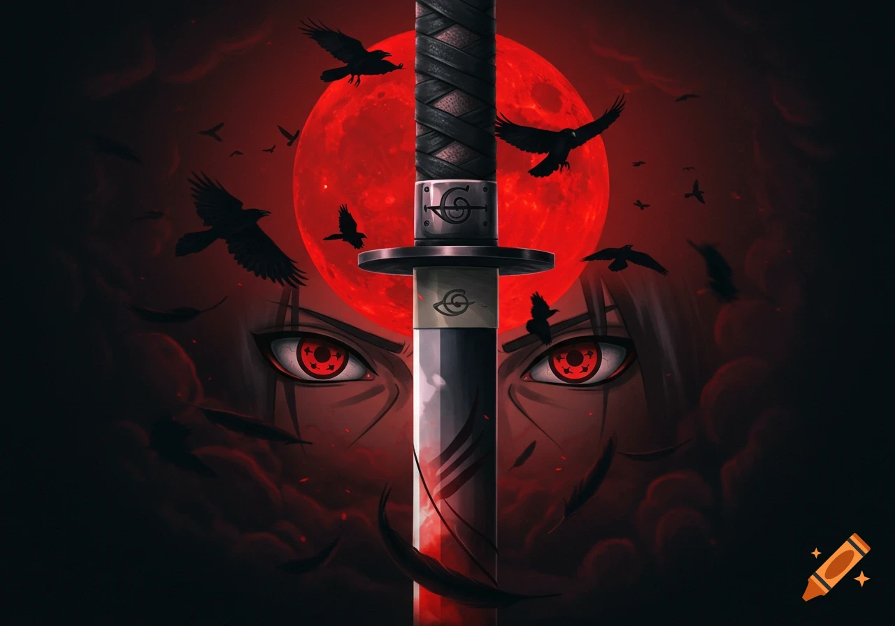 A dark, stylized image featuring a katana centered against a red moon ...