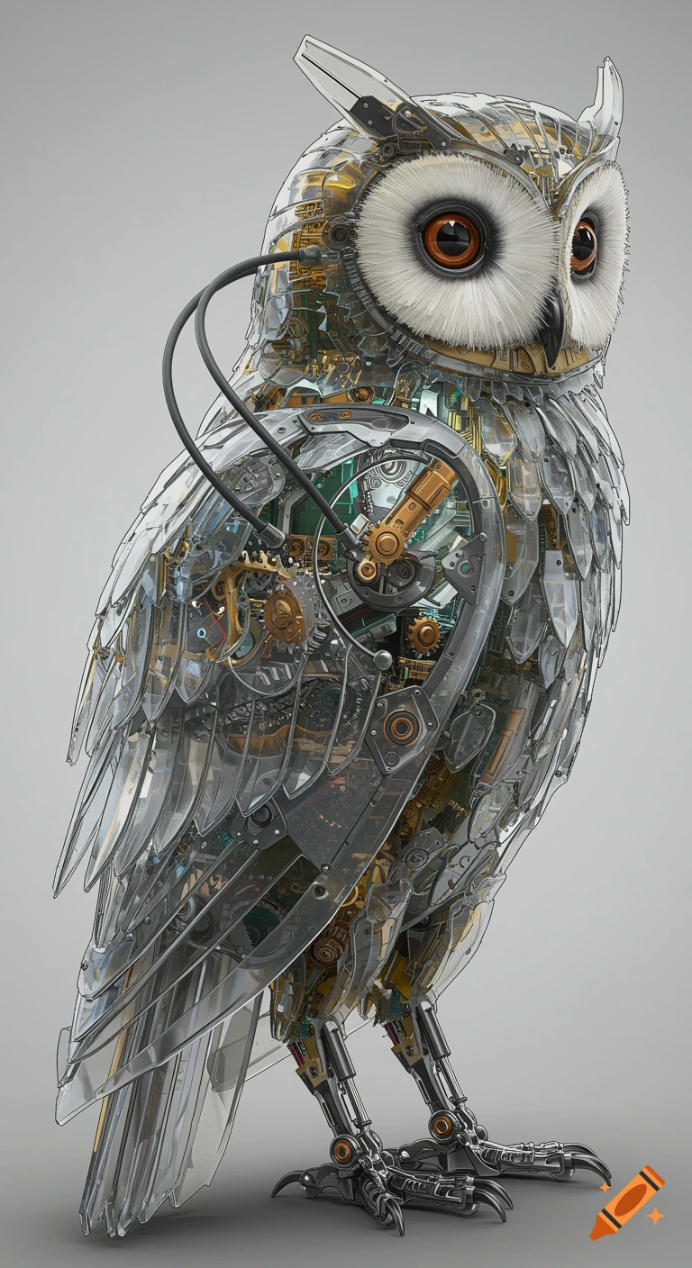 A detailed, futuristic robotic owl made of transparent materials ...