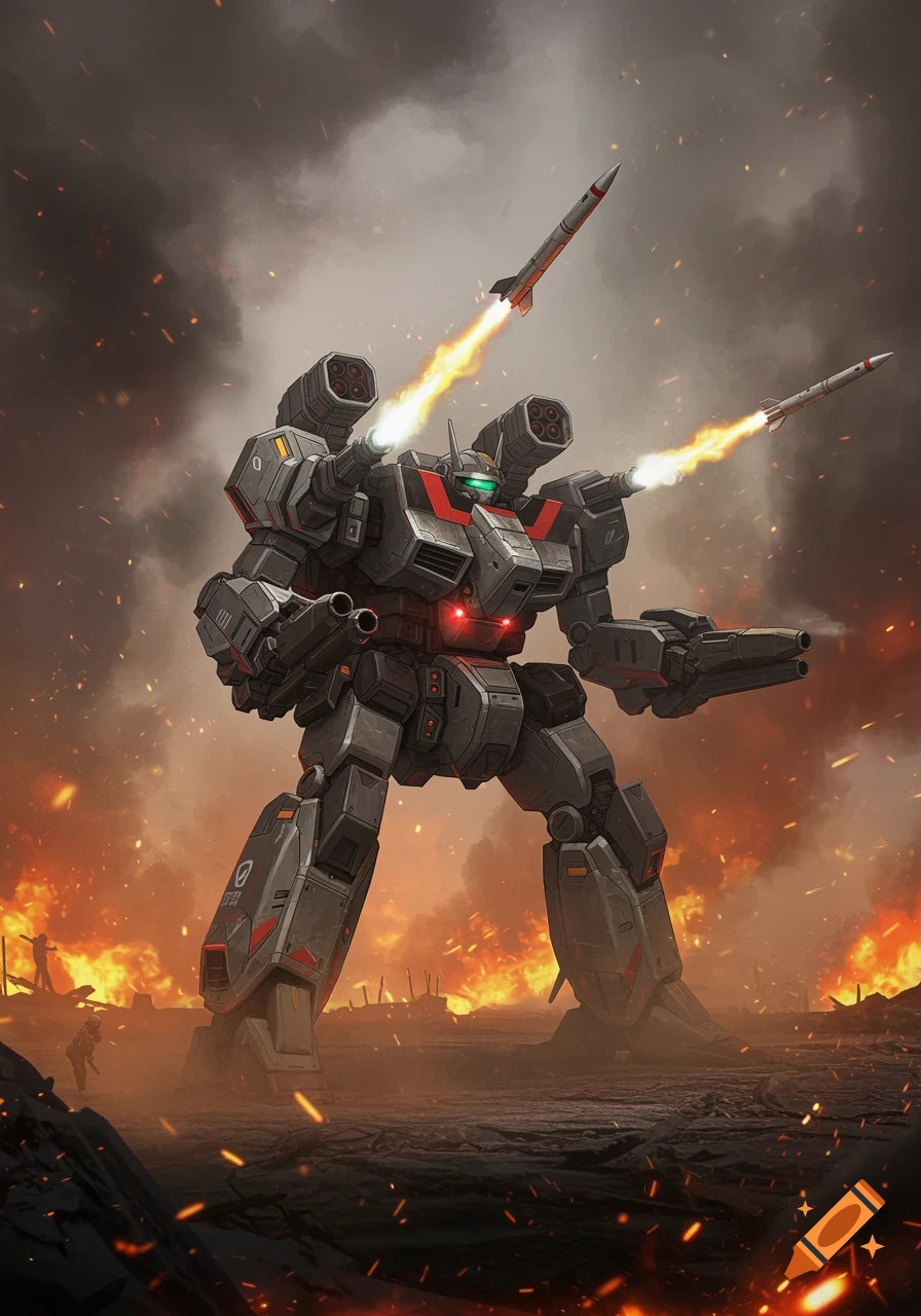 A dark grey robot with glowing purple accents and red eyes stands on ...