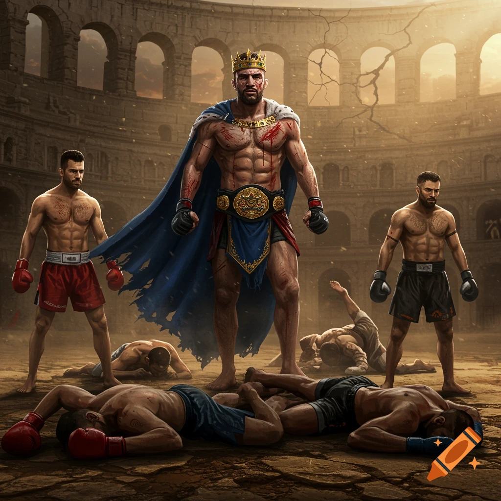 Photorealistic illustration of a knocked-out boxer lying on the mat in ...