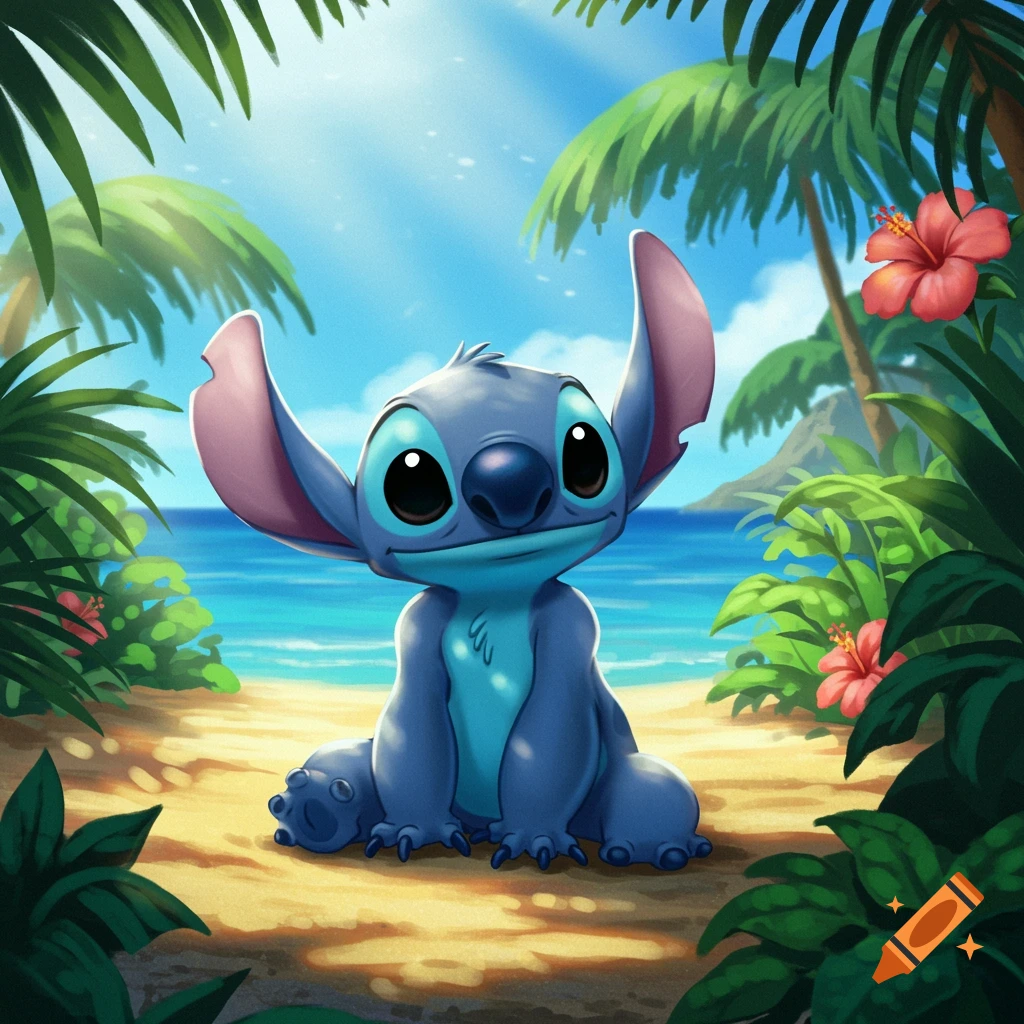 Blue Stitch and pink Angel characters sit on a fluffy white cloud ...