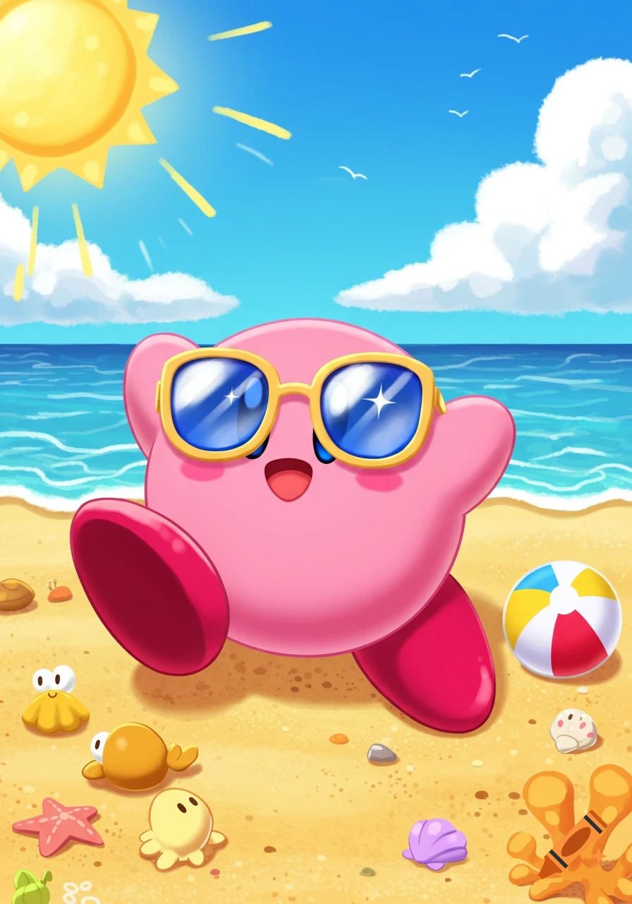 Pink Kirby cartoon character inhaling a blue airplane, with white ...