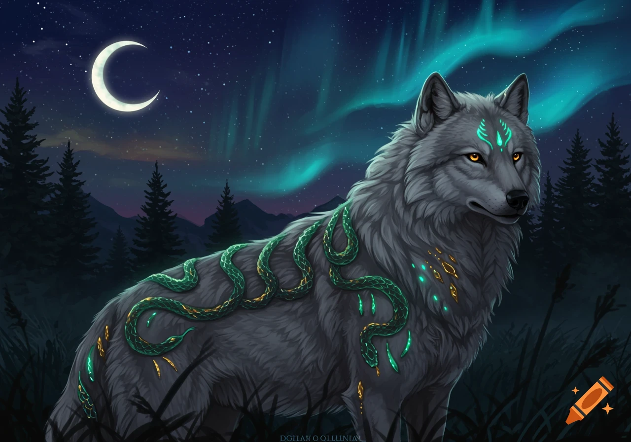 A white-furred werewolf with glowing blue eyes howls at a bright full moon from a rocky cliff ...