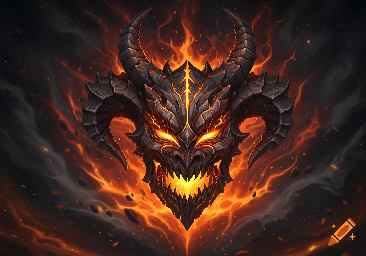 A menacing red devil's face with glowing yellow eyes and sharp teeth ...