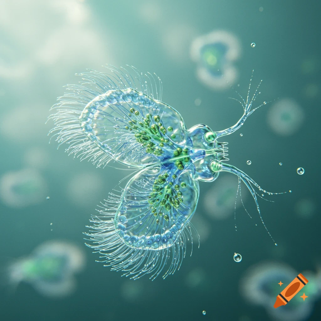 A detailed 3D render of a complex round protein structure, composed of intertwined light pink ...