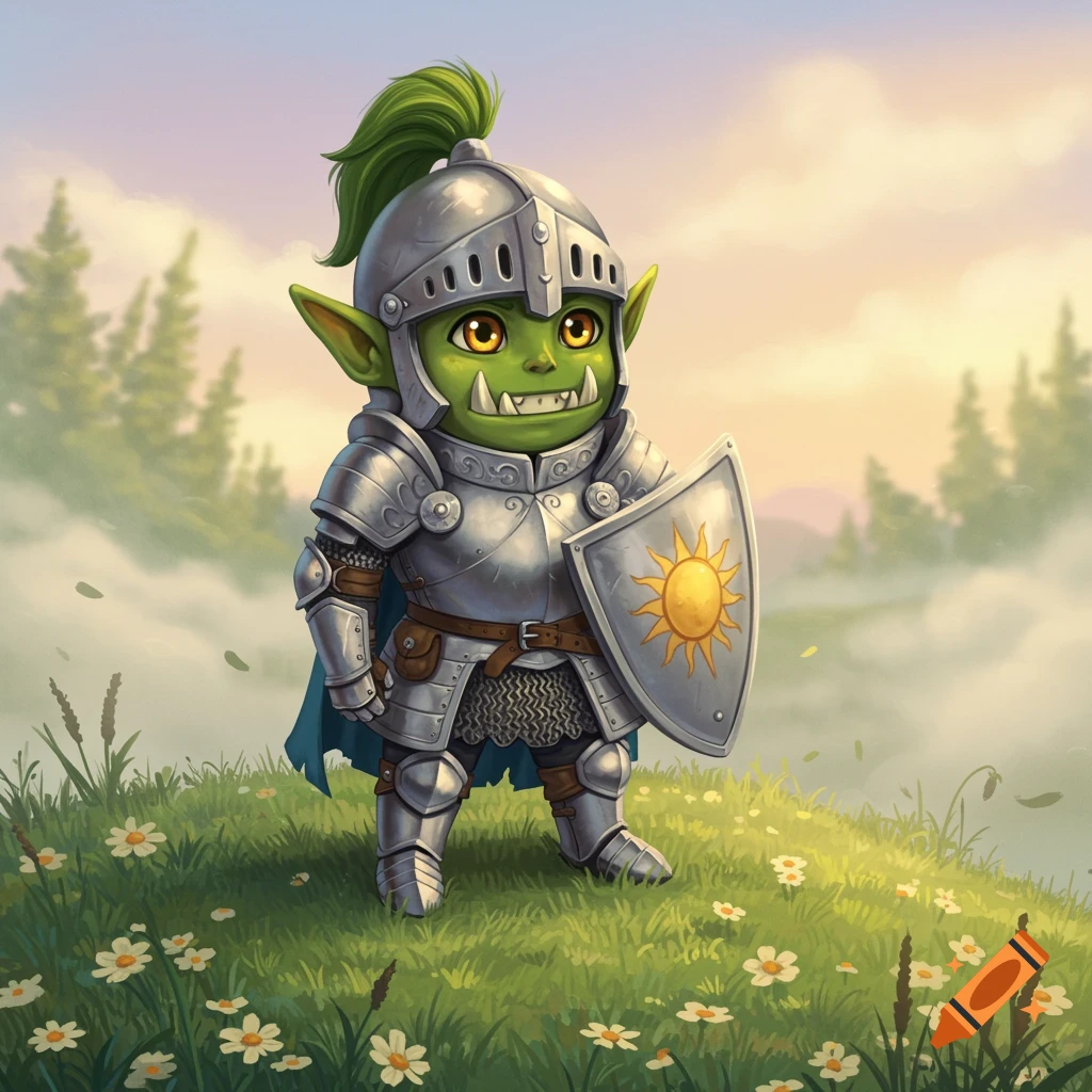 A portly, smiling knight in ornate golden armor stands with hands on ...