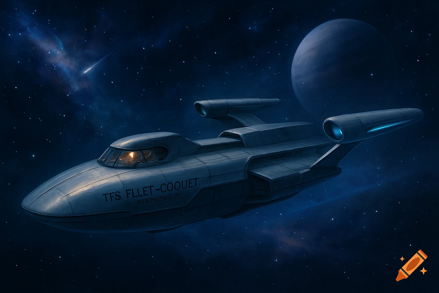 A futuristic Star Trek-style starship with a wide saucer and integrated ...