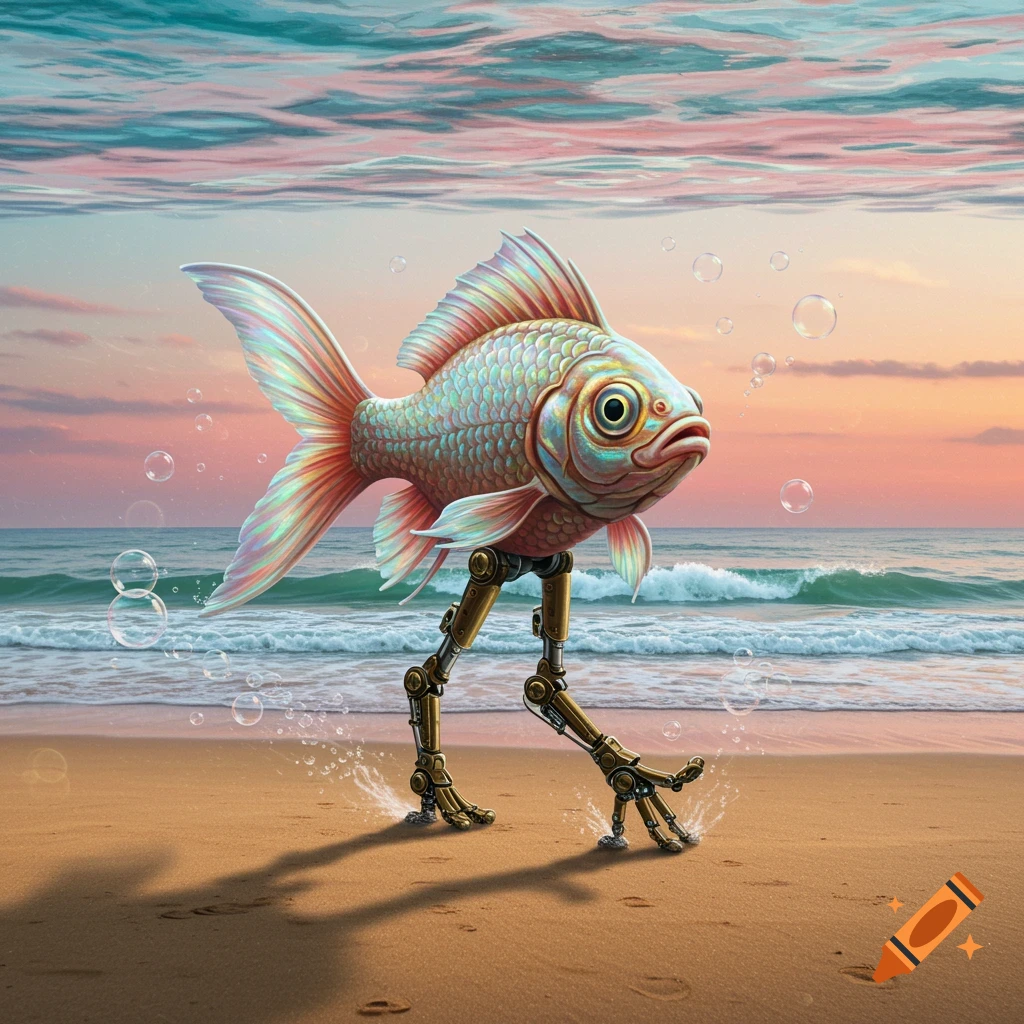 A colorful fish with metallic, jointed legs walks on a sandy beach with ...