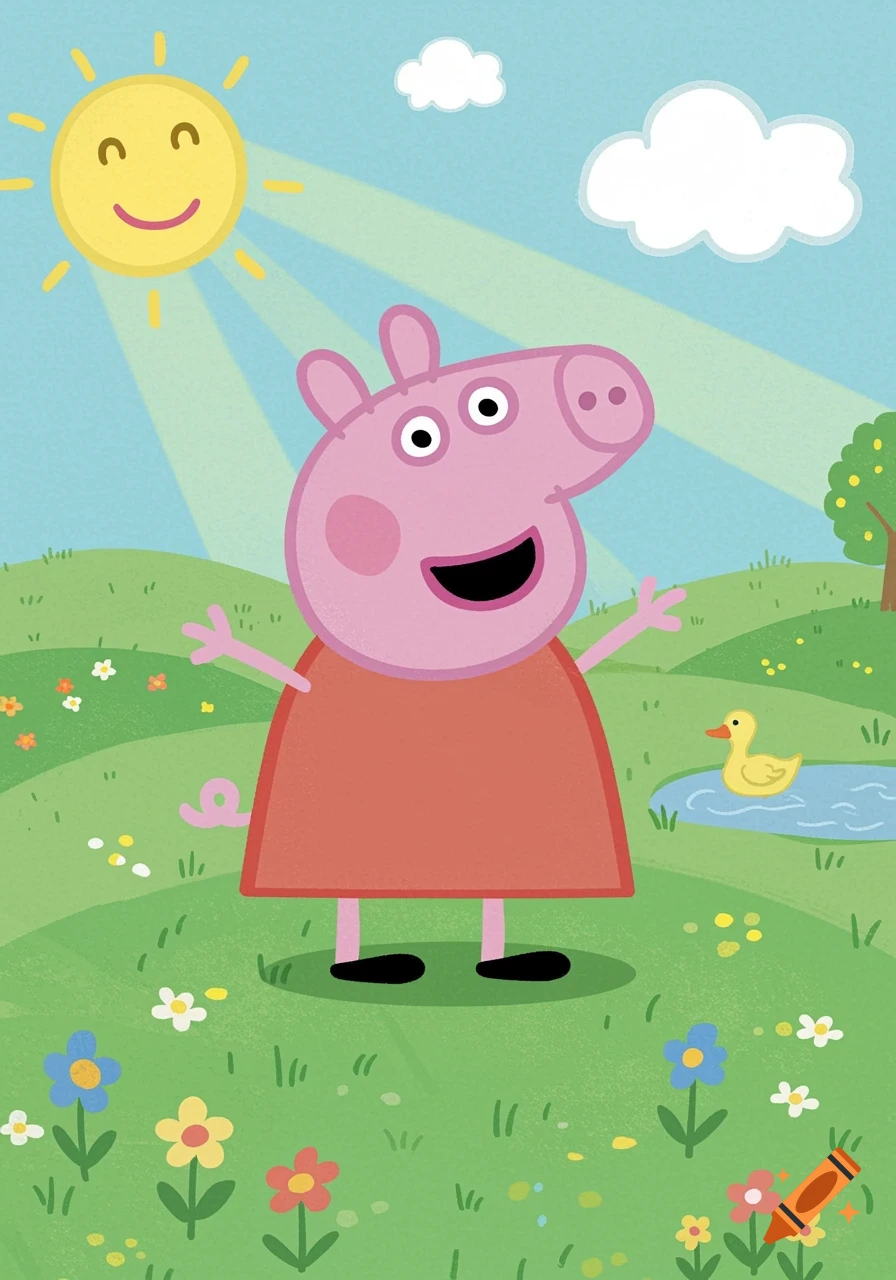 Peppa Pig stands in a colorful cartoon countryside with green hills ...