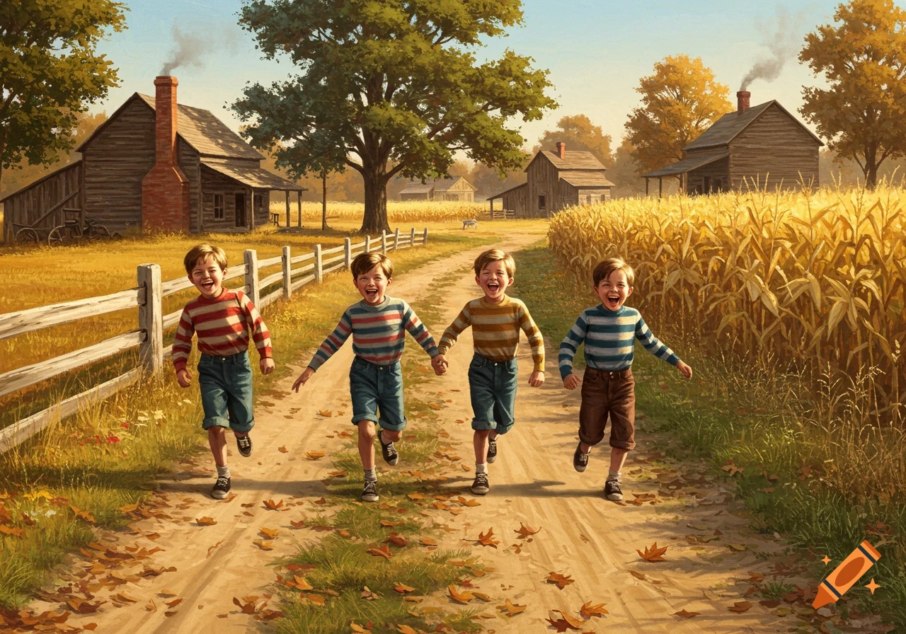 Four young boys in striped shirts run happily down a dirt path in a rural autumn landscape with ...