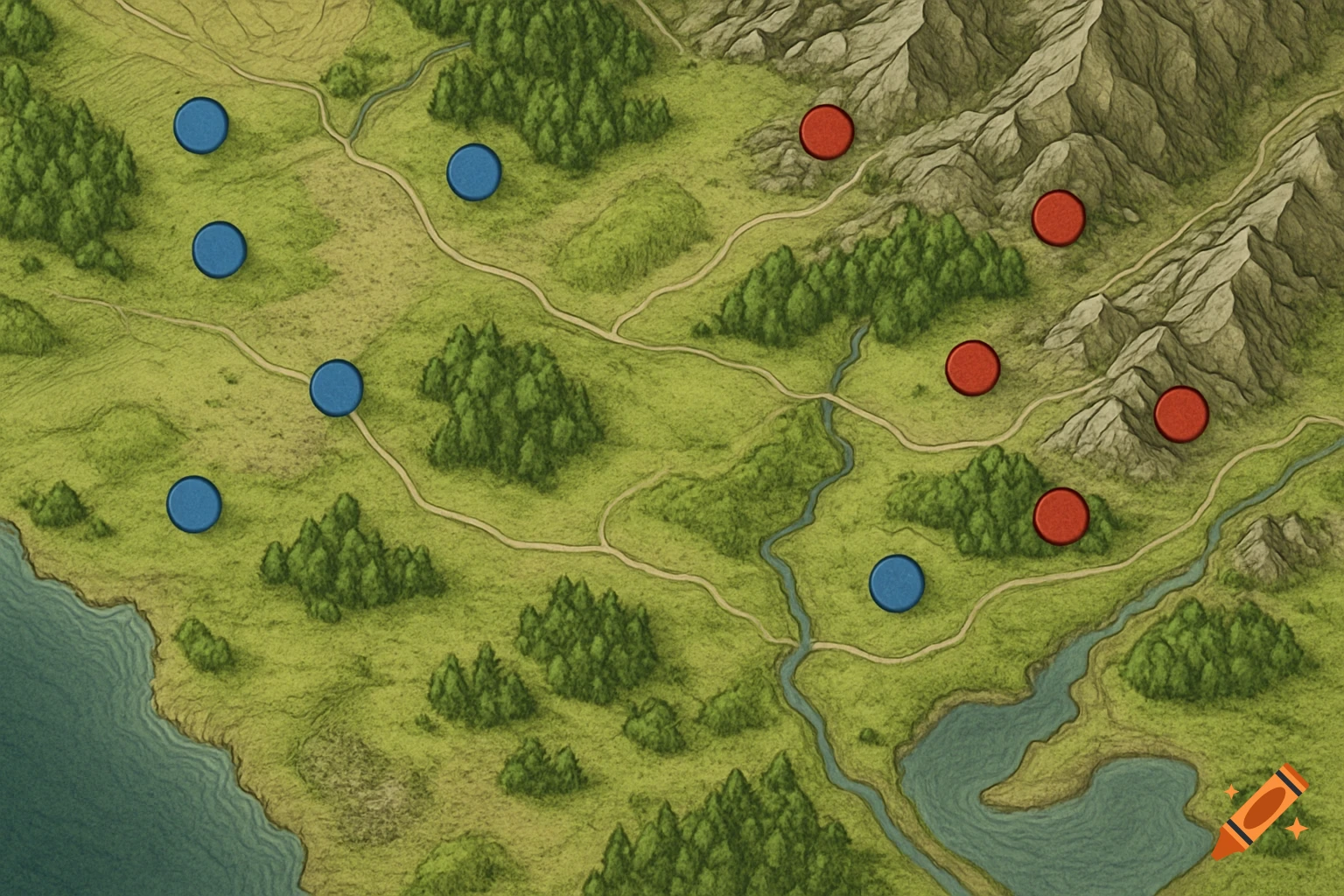 Highly detailed fantasy RPG forest river modular map on Craiyon