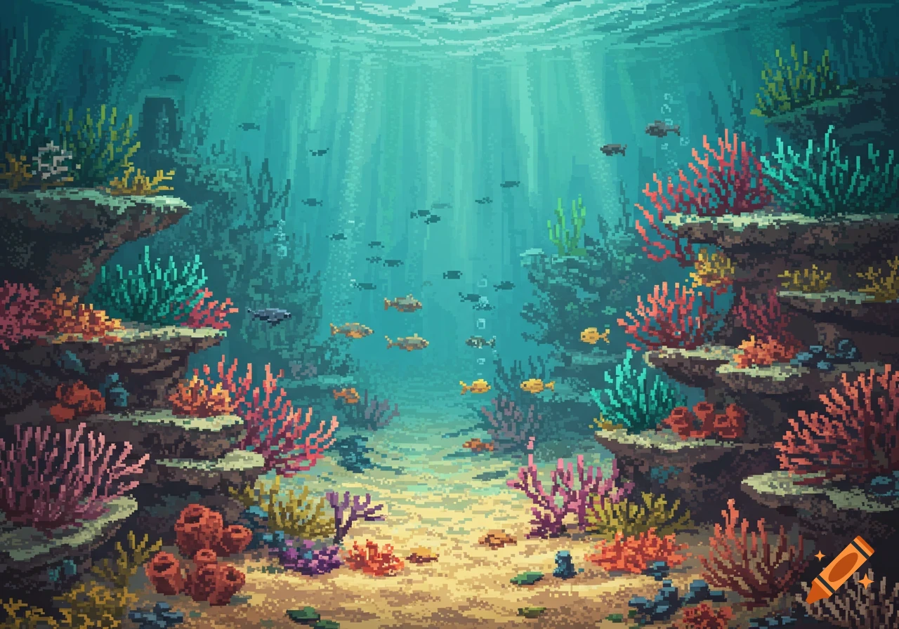 A 2D pixel art underwater scene with a dolphin swimming amidst fish and ...