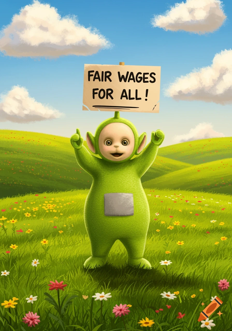 A green Teletubby holds a 'FAIR WAGES FOR ALL!' sign in a sunny, flower ...