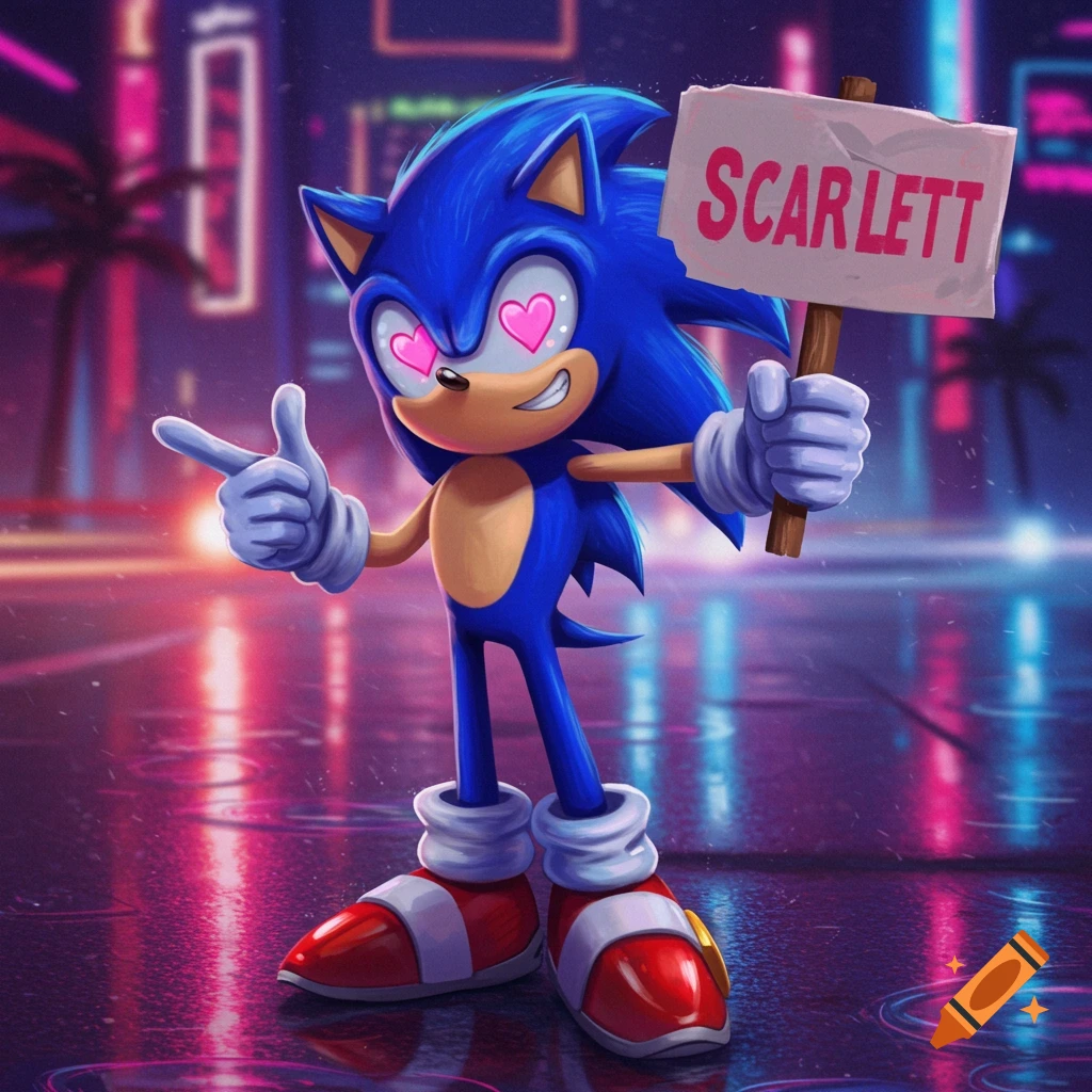 Sonic the Hedgehog with heart eyes holds a sign that says SCARLETT in a ...