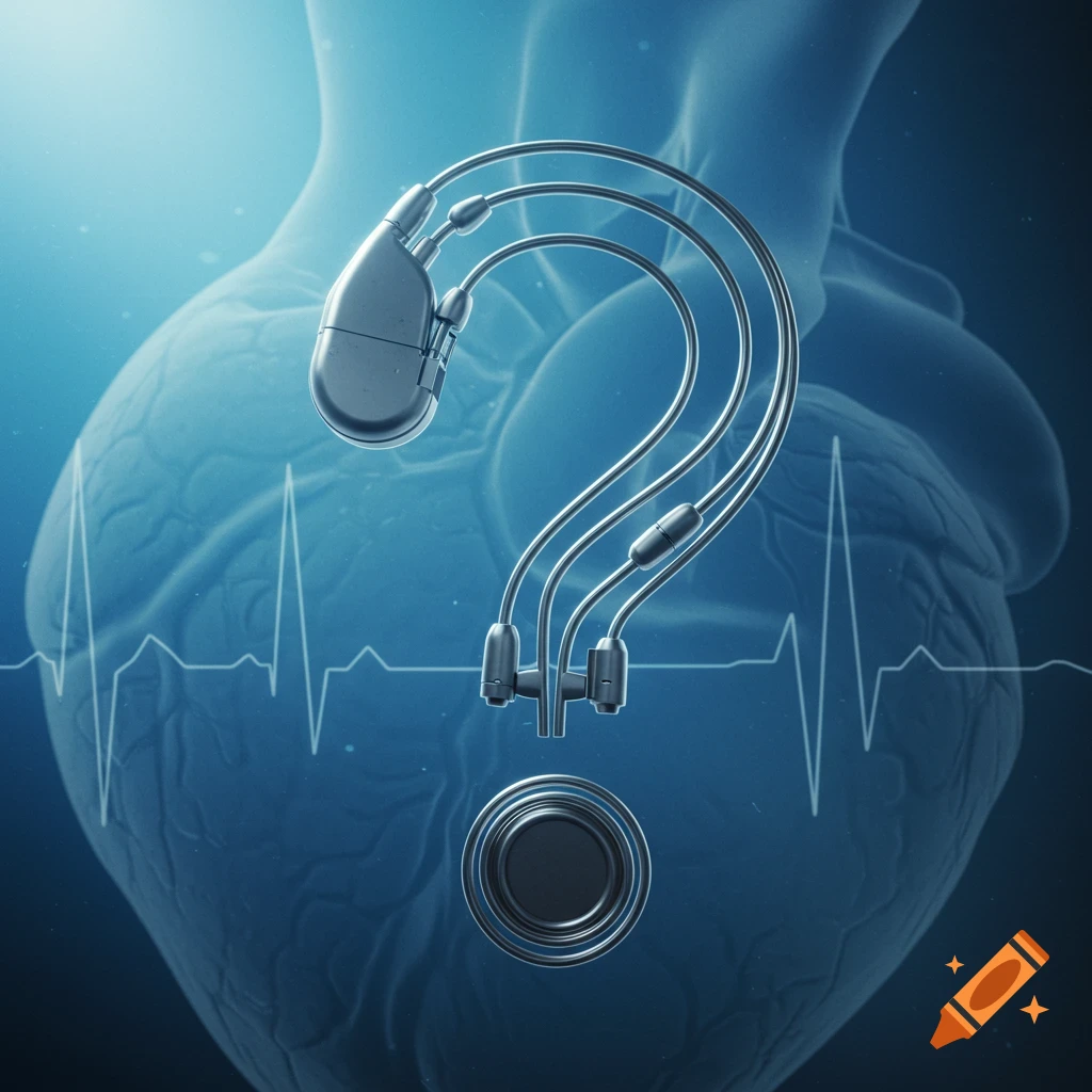 A metallic pacemaker lead shaped like a question mark over a ...