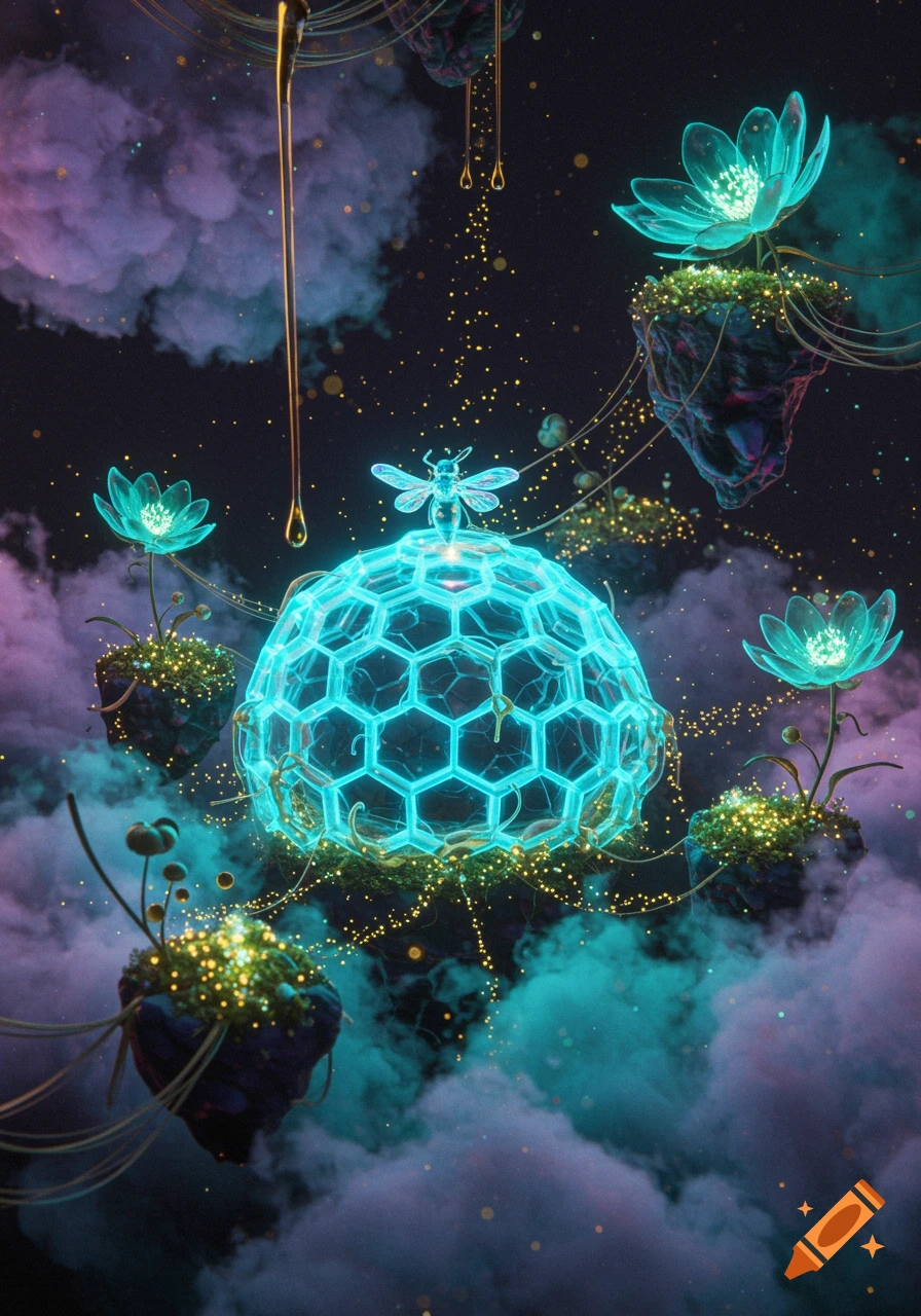 Vibrant, surreal scene: glowing hexagonal sphere, bee, floating islands ...
