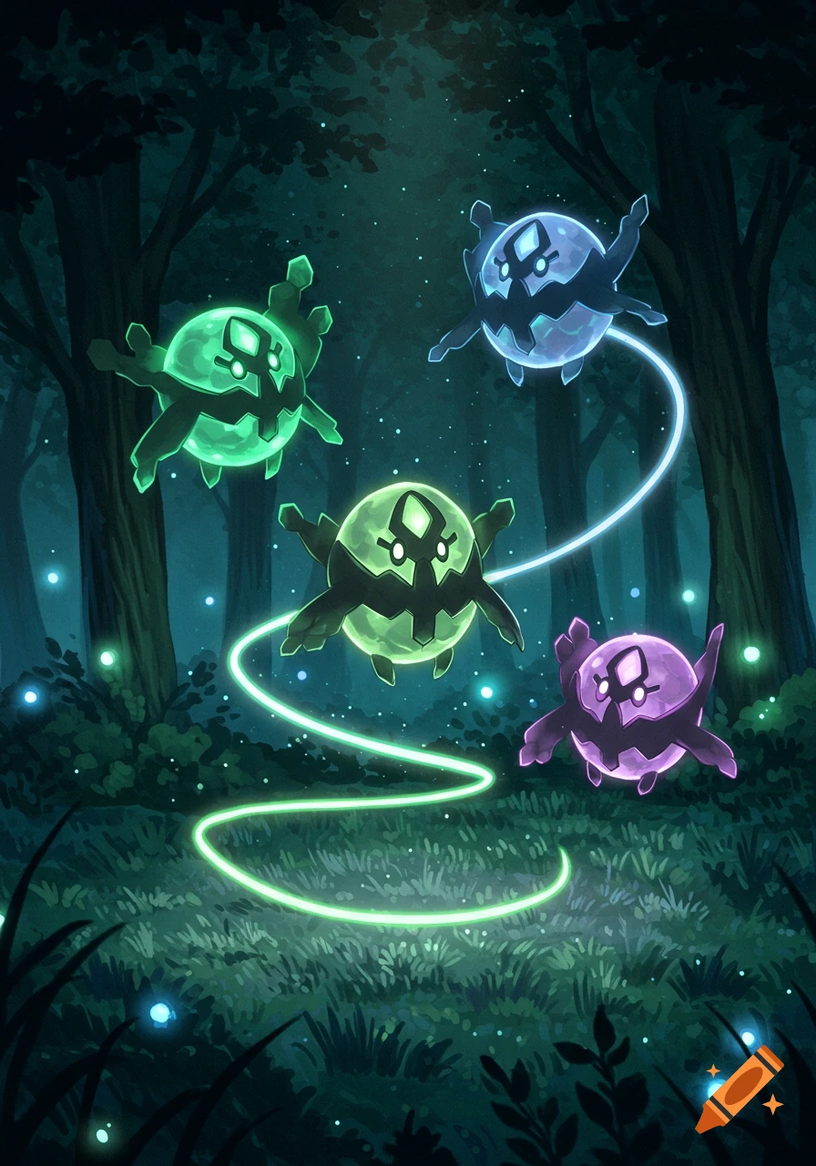 Four glowing, orb-like creatures resembling Zygarde Cores float in a ...