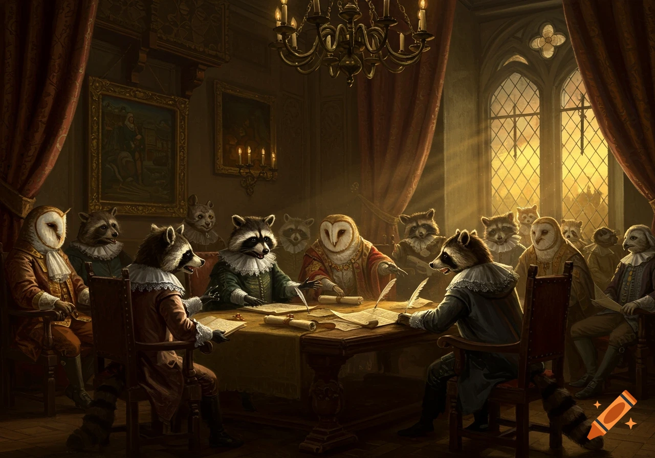 A 17th-century style oil painting depicts anthropomorphic raccoons and ...