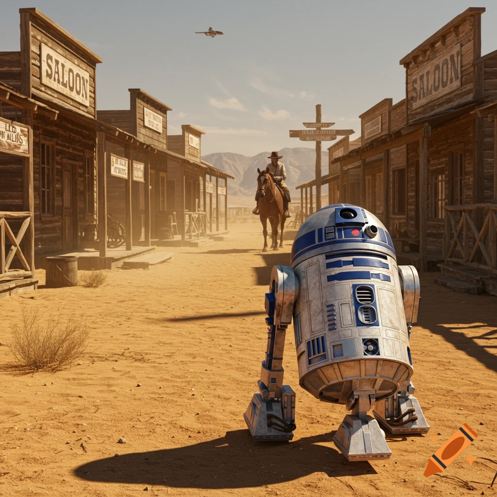 Woody's head on R2-D2's body stands in a desert with a cactus and a ...