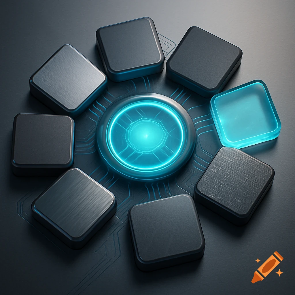 A dark, futuristic vault door with bright white and blue neon lights ...