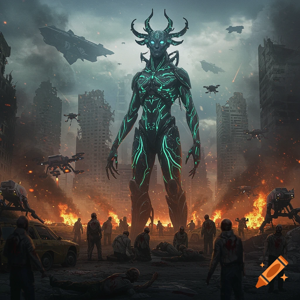 A horned alien creature stands in a vibrant neon cyberpunk city with ...