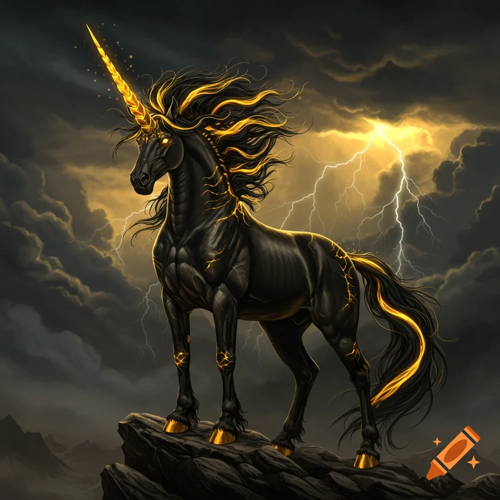 Majestic black unicorn with gold horn and hooves stands rampant on a ...