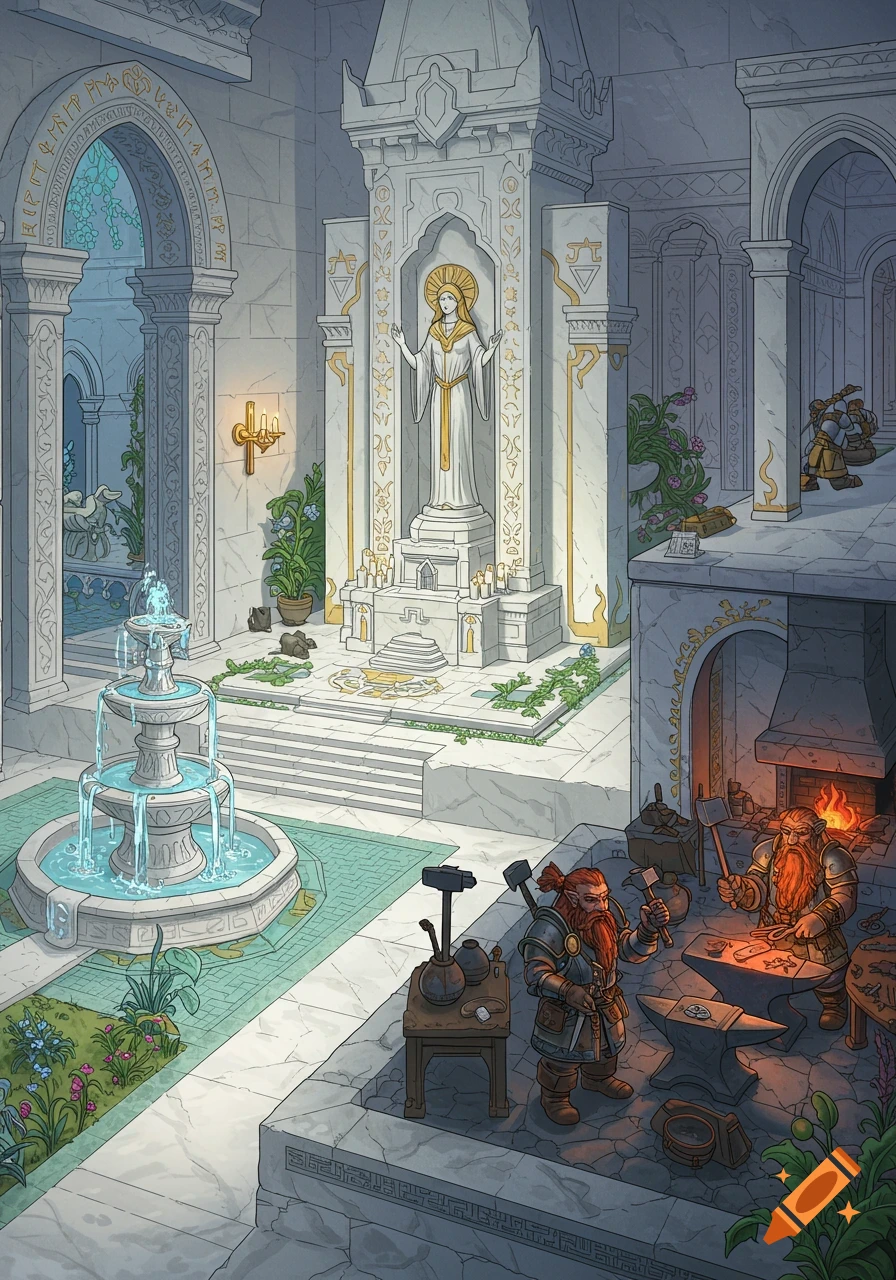 Dwarven temple with a central fountain, a statue of Tymora, and two ...