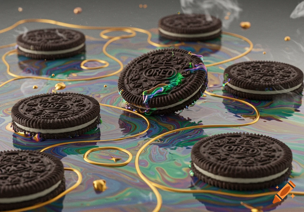 A close-up of a pink glittery Oreo cookie with bright yellow lemon ...