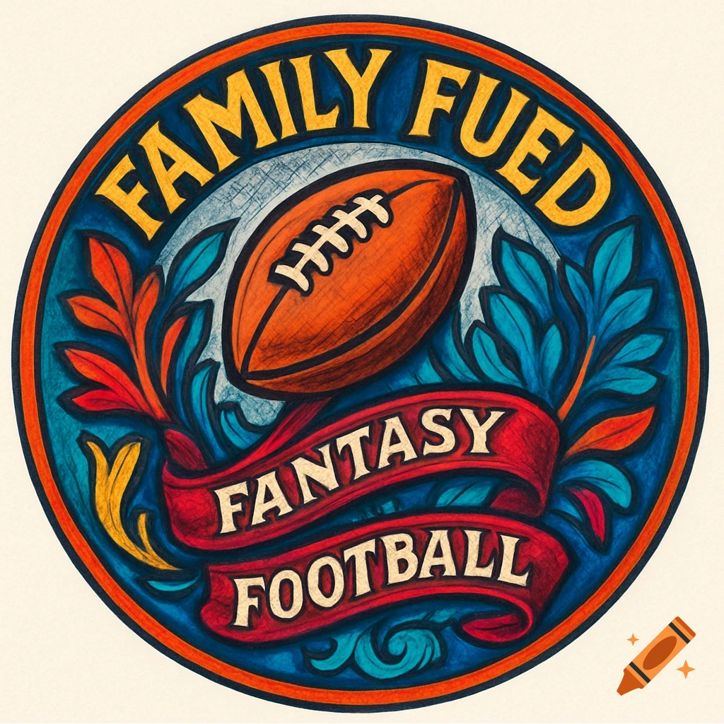 Circular fantasy football logo with a football and 'FAMILY FUED FANTASY ...