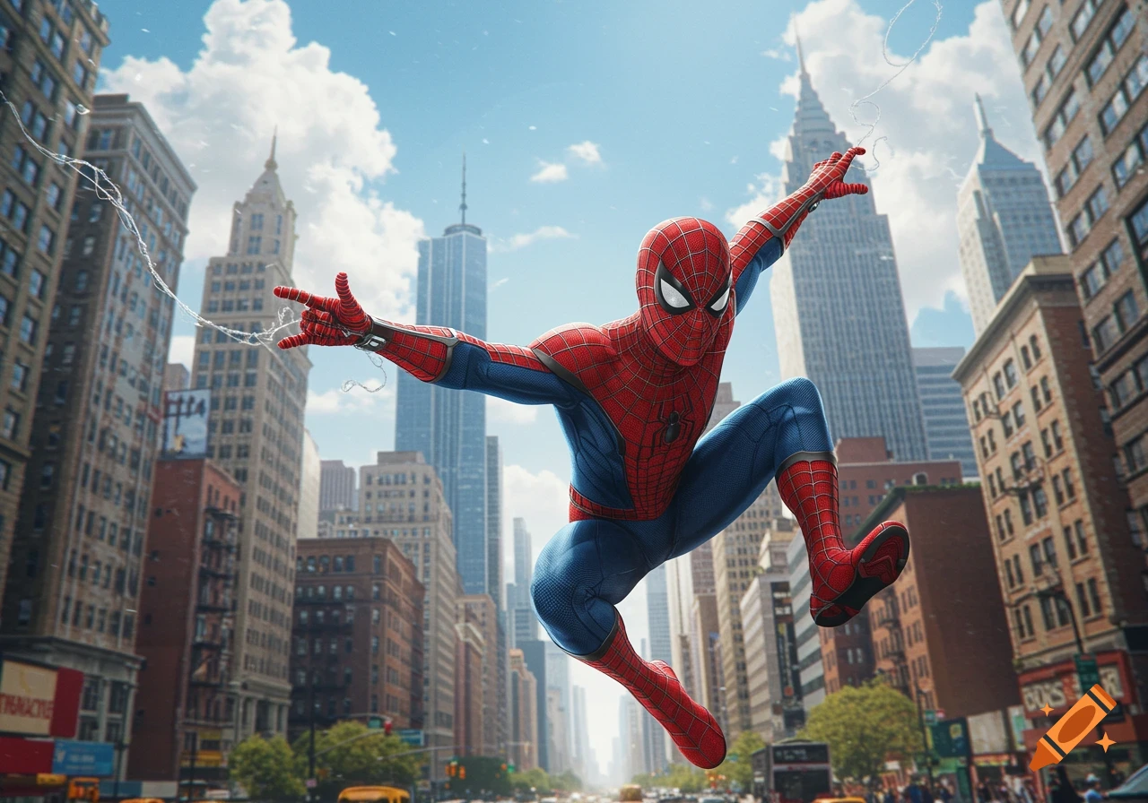 Spider-Man swings through a bustling city street with tall buildings ...
