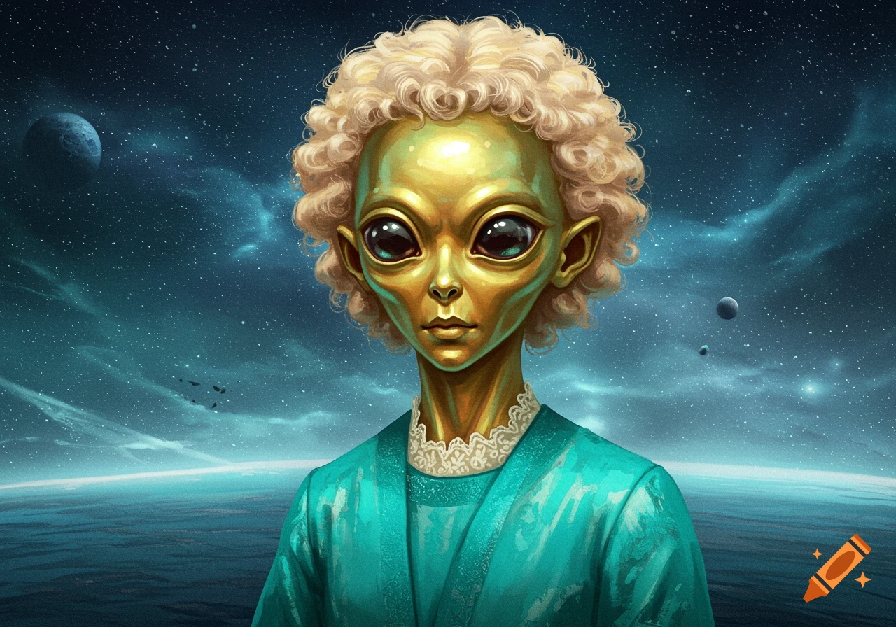 A cartoony alien with a white circle head, large yellow eyes, and a ...