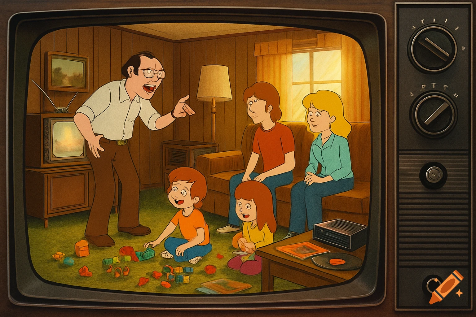 3D animation of Caillou looking sad in a living room, with his parents ...