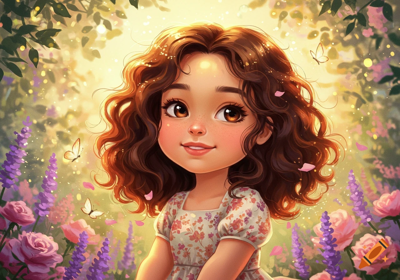Whimsical cartoon girl with voluminous curly brown hair and a pink ...
