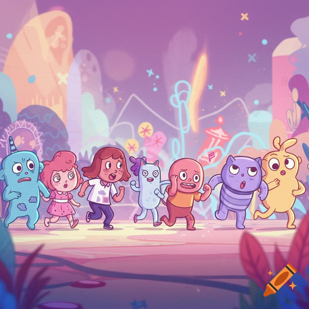 Cartoon characters and a girl running with worried expressions in a ...