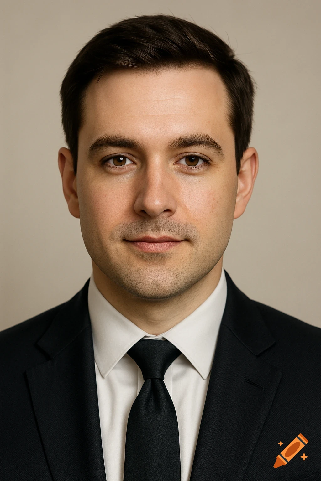 A close-up photorealistic portrait of a man in a dark suit and white ...