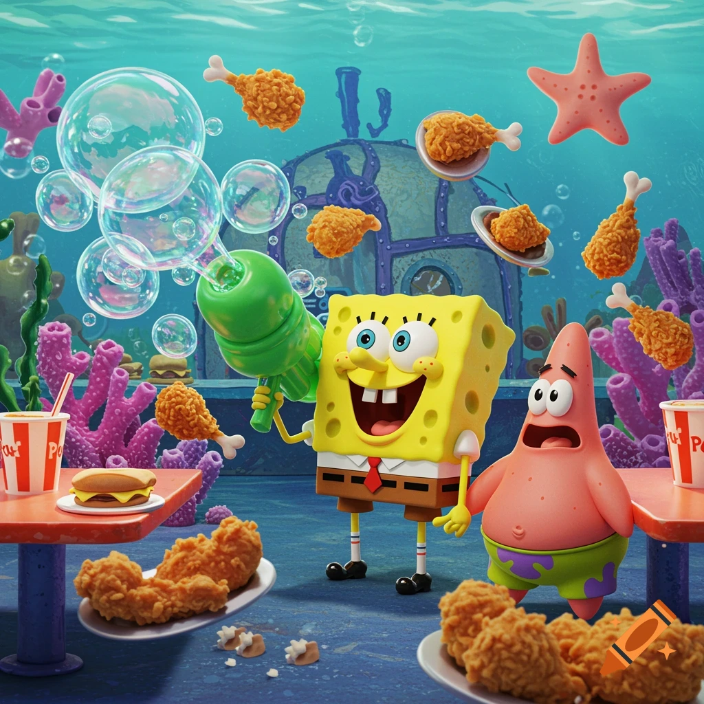 Two Squidward characters and two Patrick characters in a 3D cartoon ...