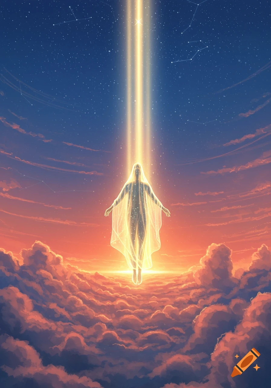 An ethereal, glowing figure ascends through vibrant clouds towards a ...