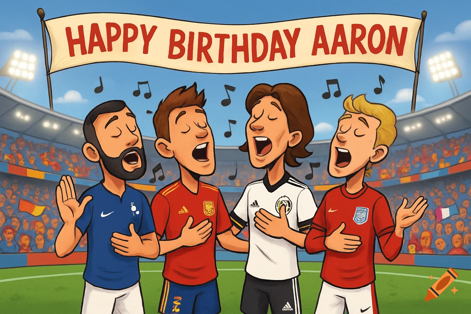 Cartoon of four European soccer players singing "Happy Birthday Aaron ...