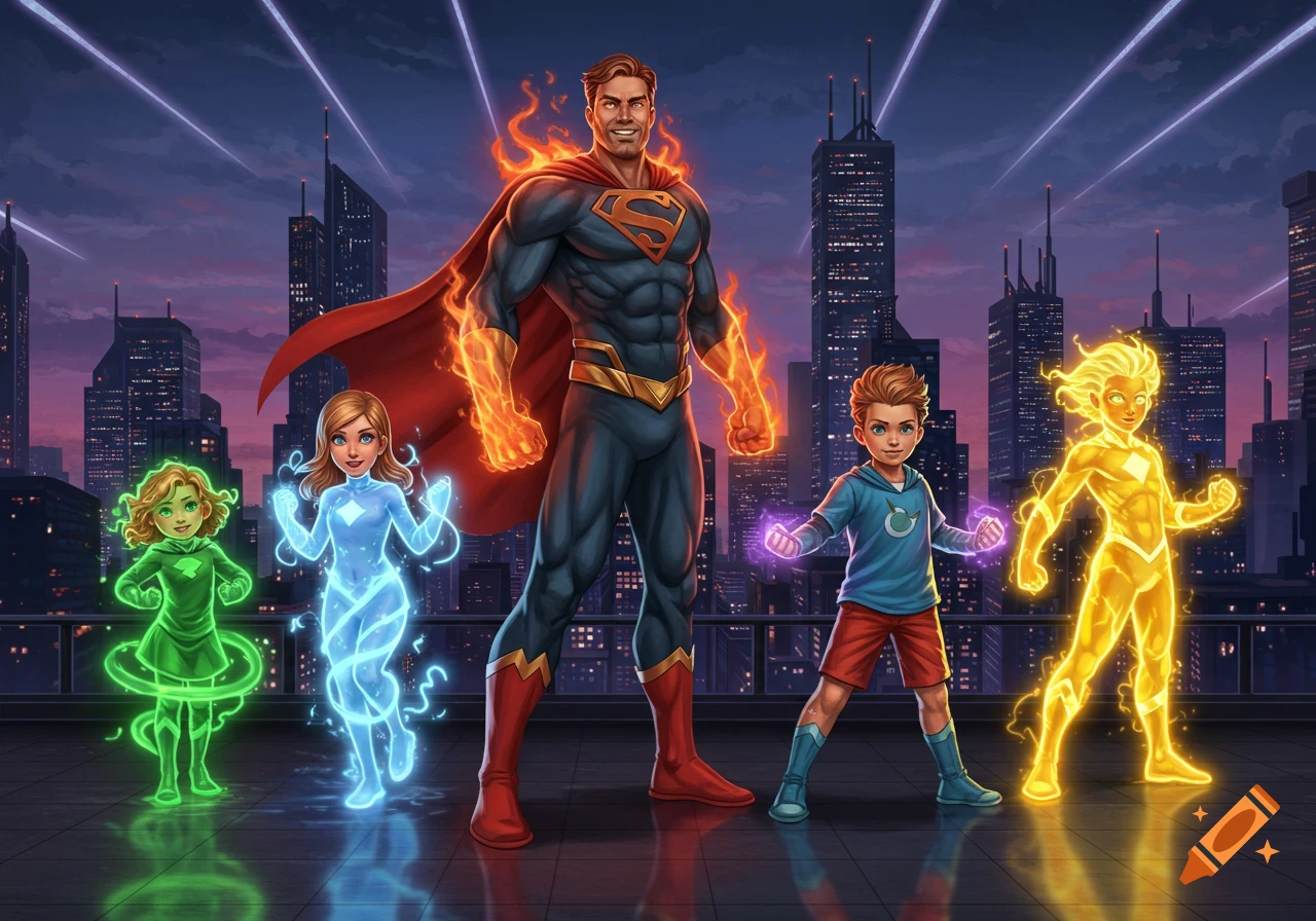 Seven Power Rangers stand heroically in a neon-lit cyberpunk city with ...