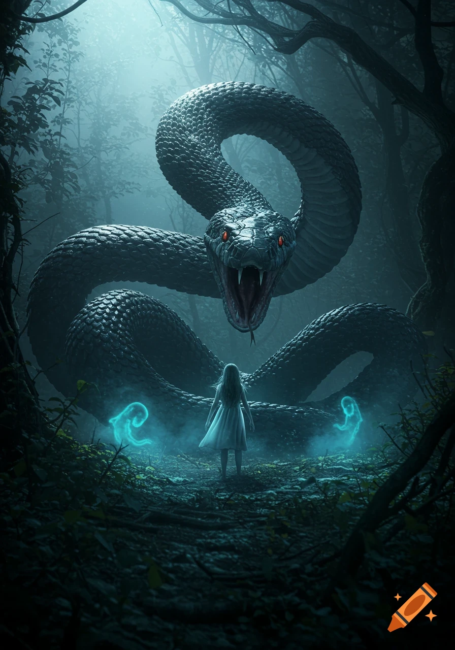 A man with blue scales on his body and face, merging with blue snakes ...