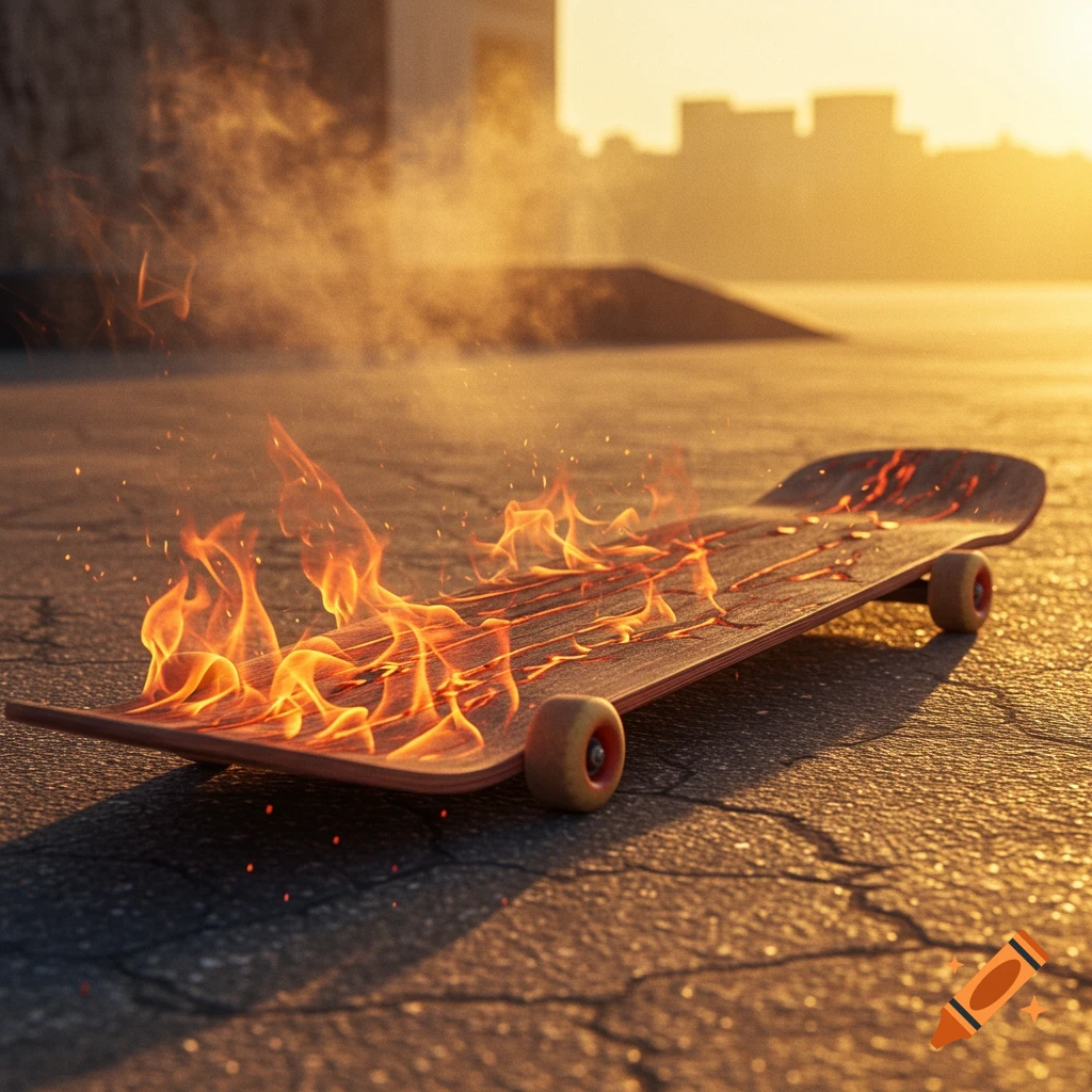 A skateboard on fire sits on a cracked asphalt surface at sunset, with ...